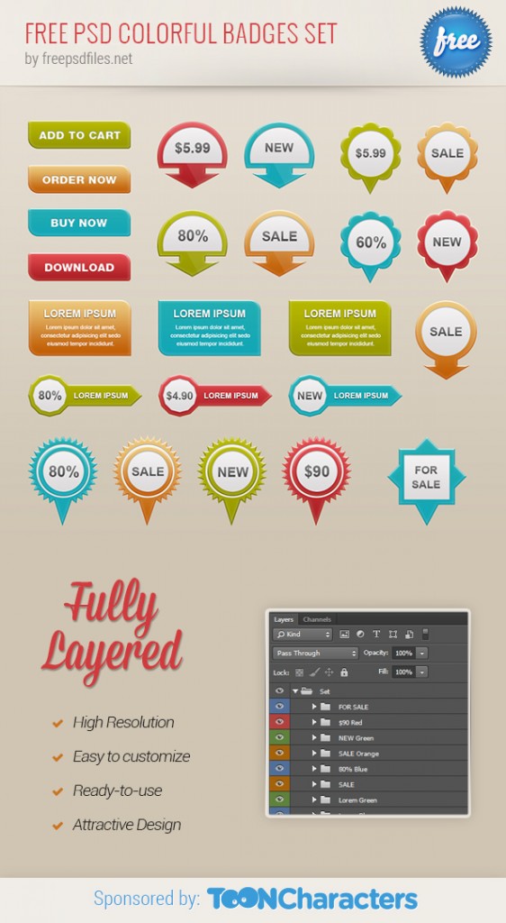 Free PSD Colorful Badges Set - Free PSD Files